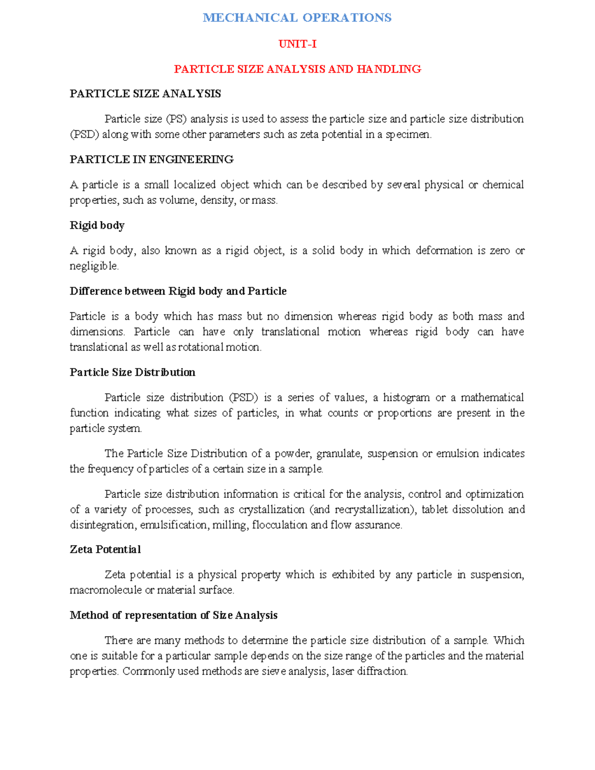 Mechanical Operations - MECHANICAL OPERATIONS UNIT-I PARTICLE SIZE ANALYSIS AND HANDLING ...