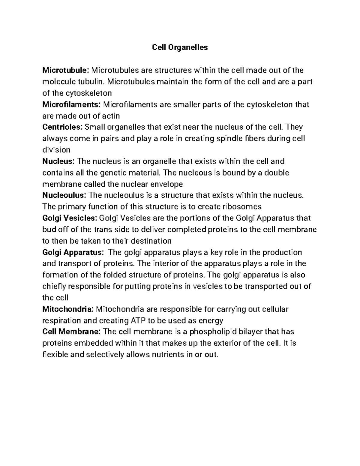 Cell Organelles Vocab 2 - Cell Organelles Microtubule: Microtubules are ...