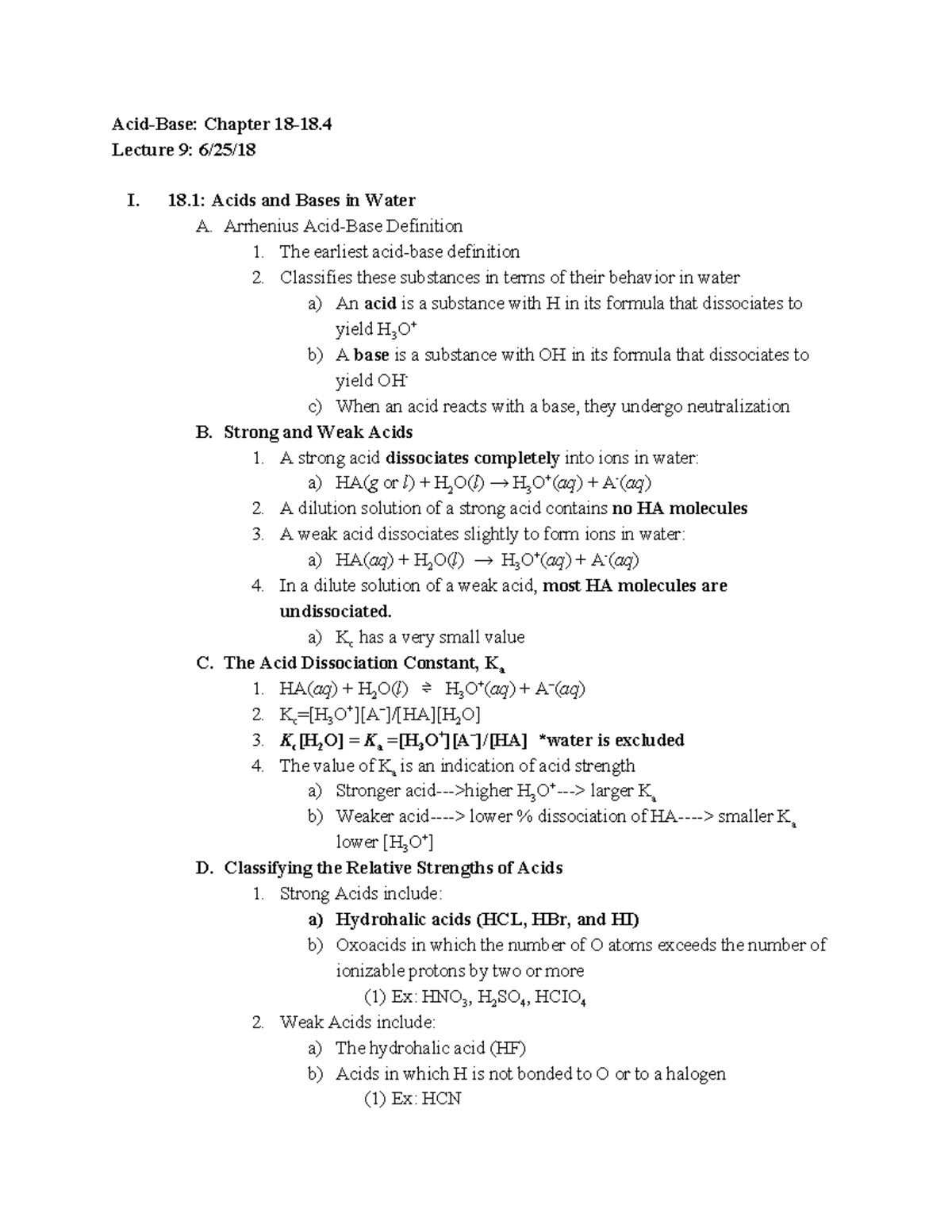 Chem 116 Notes - Acid-Base: Chapter 18-18. Lecture 9: 6/25/ I. 18 ...