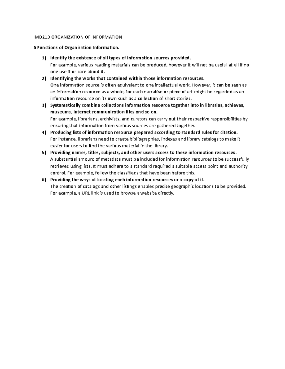 Document - Revision - IMD213 ORGANIZATION OF INFORMATION 6 Functions of ...