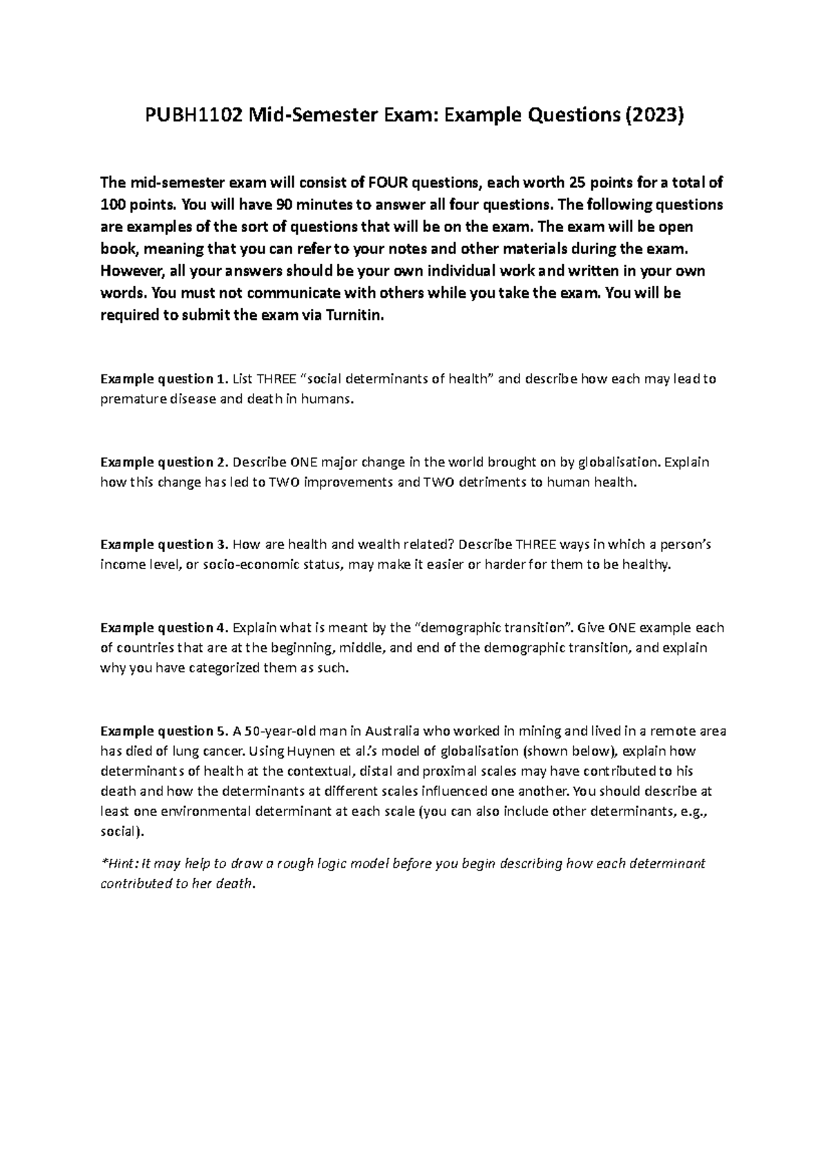 PUBH1102 Sem-2 2023 Mid-semester exam - example questions - PUBH1102 ...