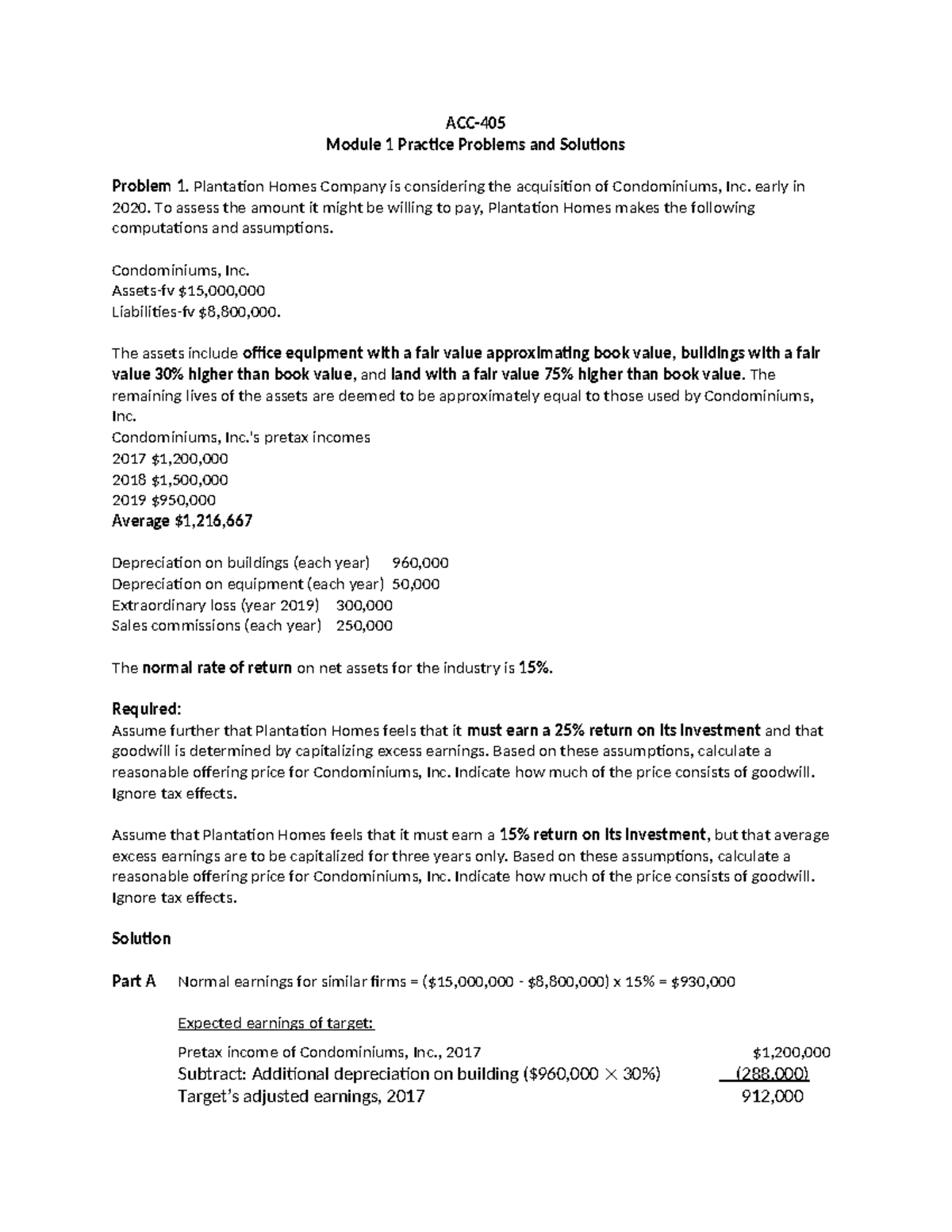 Module 1, Practice Problems & Solutions - ACC- Module 1 Practice Problems and Solutions Problem ...
