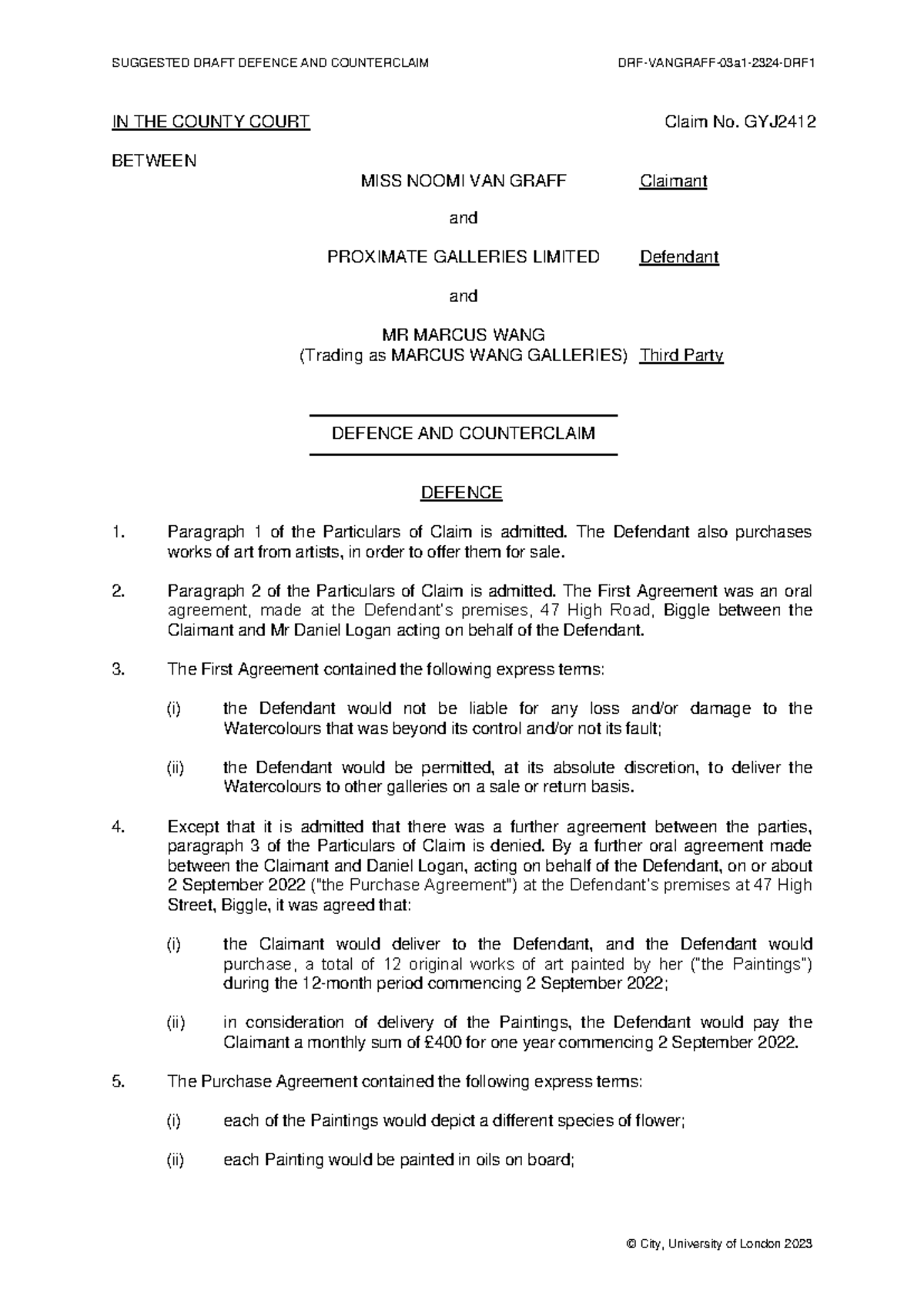 Defence and Counterclaim - Van Graff case - IN THE COUNTY COURT Claim ...