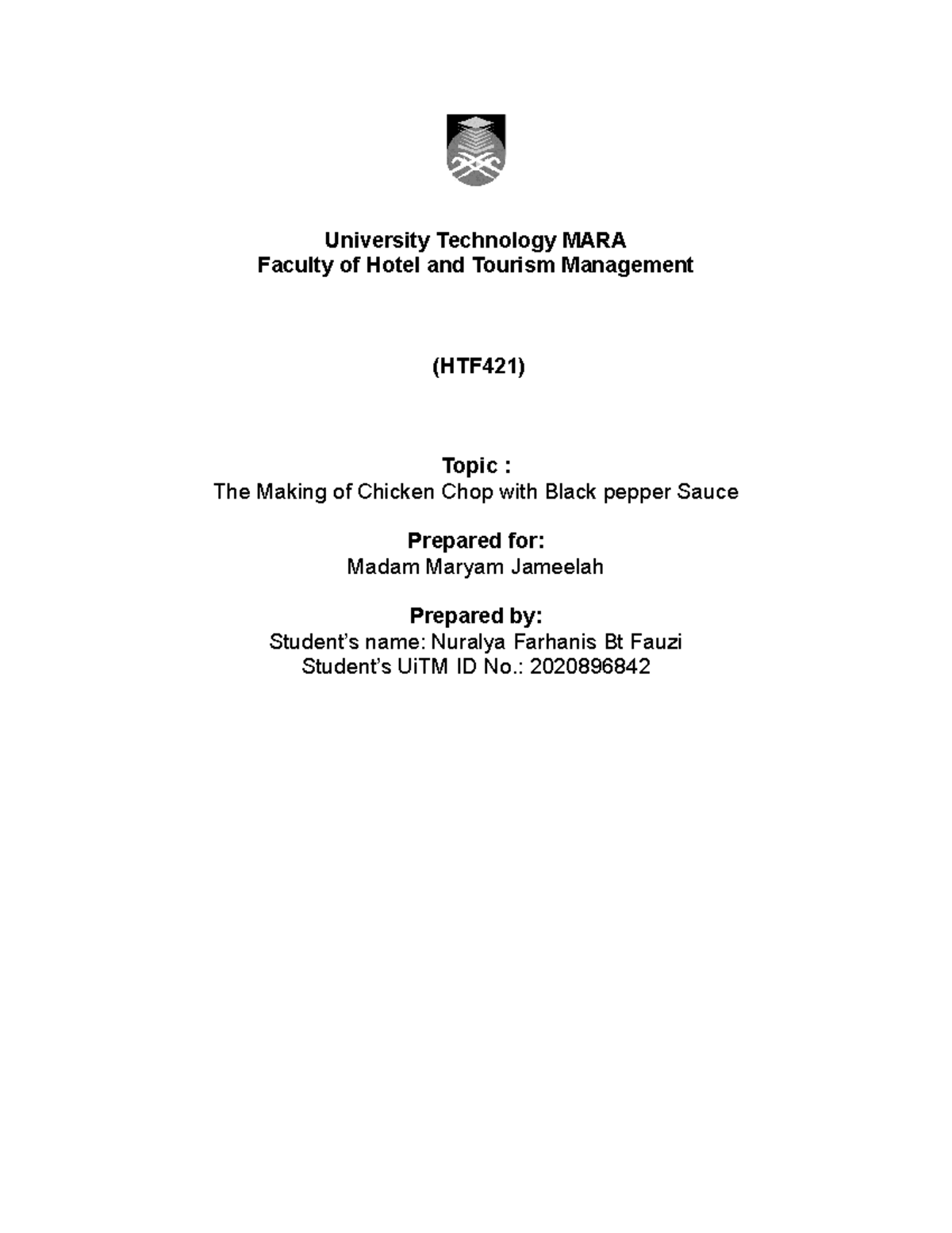 Nuralya Farhanis BT Fauzi ( Chicken CHOP) - University Technology MARA ...