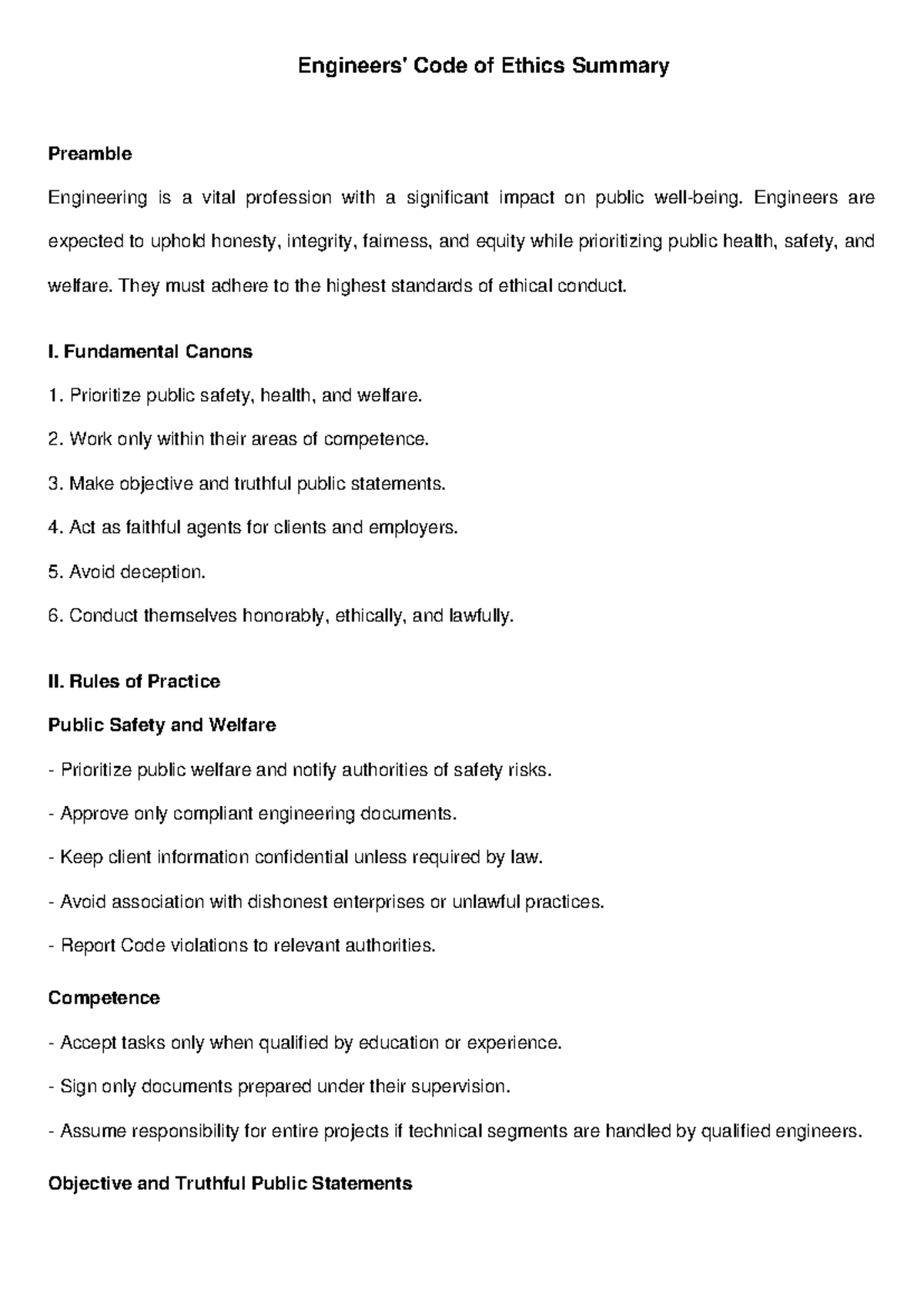 Engineers Code of Ethics Summary - Engineers' Code of Ethics Summary ...