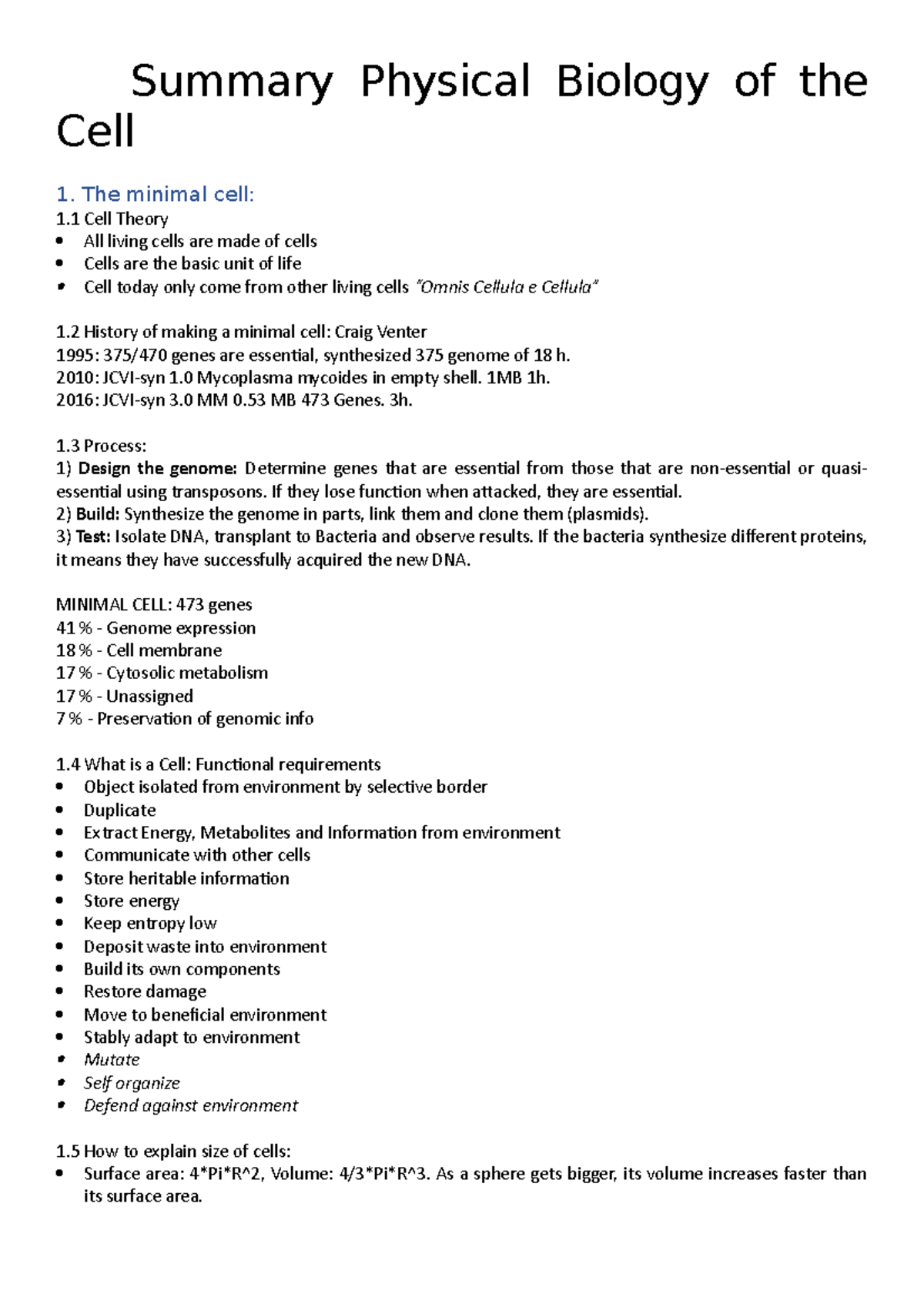 Summary Physical Biology of the Cell - The minimal cell: 1 Cell Theory ...