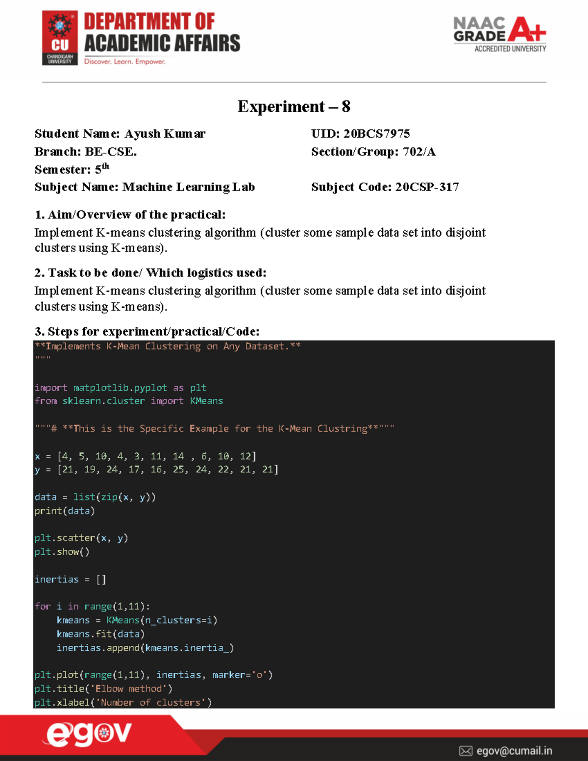 ML Exp-3.1 (20BCS7975) - Experiment – 8 Student Name: Ayush Kumar UID ...