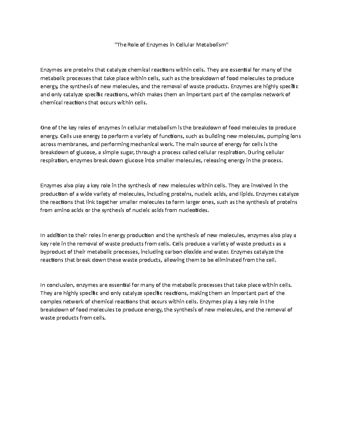 The Role of Enzymes in Cellular Metabolism - "The Role of Enzymes in ...