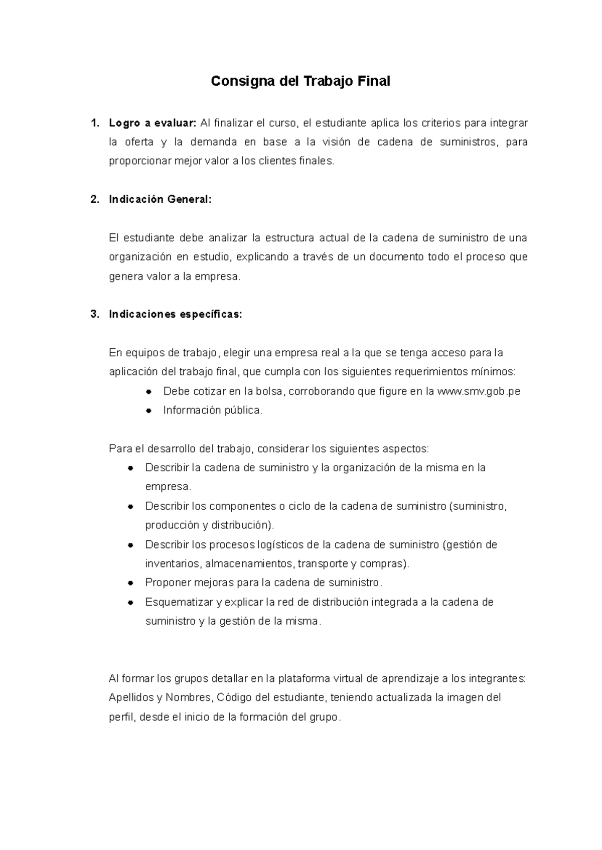 Consigna del Trabajo Final del curso de gestión y suministros - Consigna del Trabajo Final 1 ...