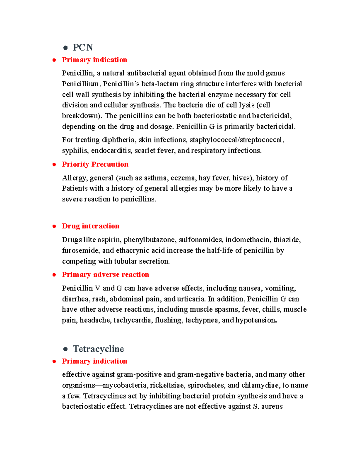 Med card 1 - Summary Medsurg - PCN Primary indication Penicillin, a ...