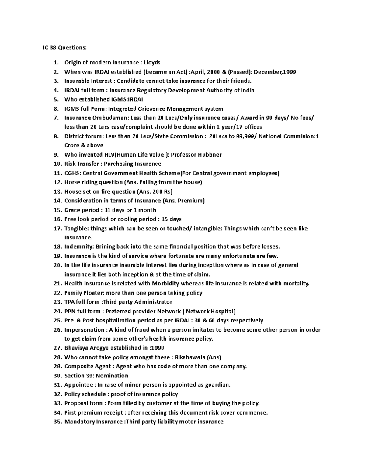 IC 38 Questions - IC 38 Questions: 1. Origin of modern Insurance ...