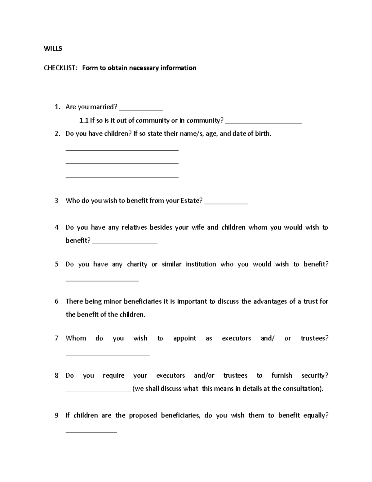 Checklist for wills - Will drafting exercise - WILLS CHECKLIST: Form to ...