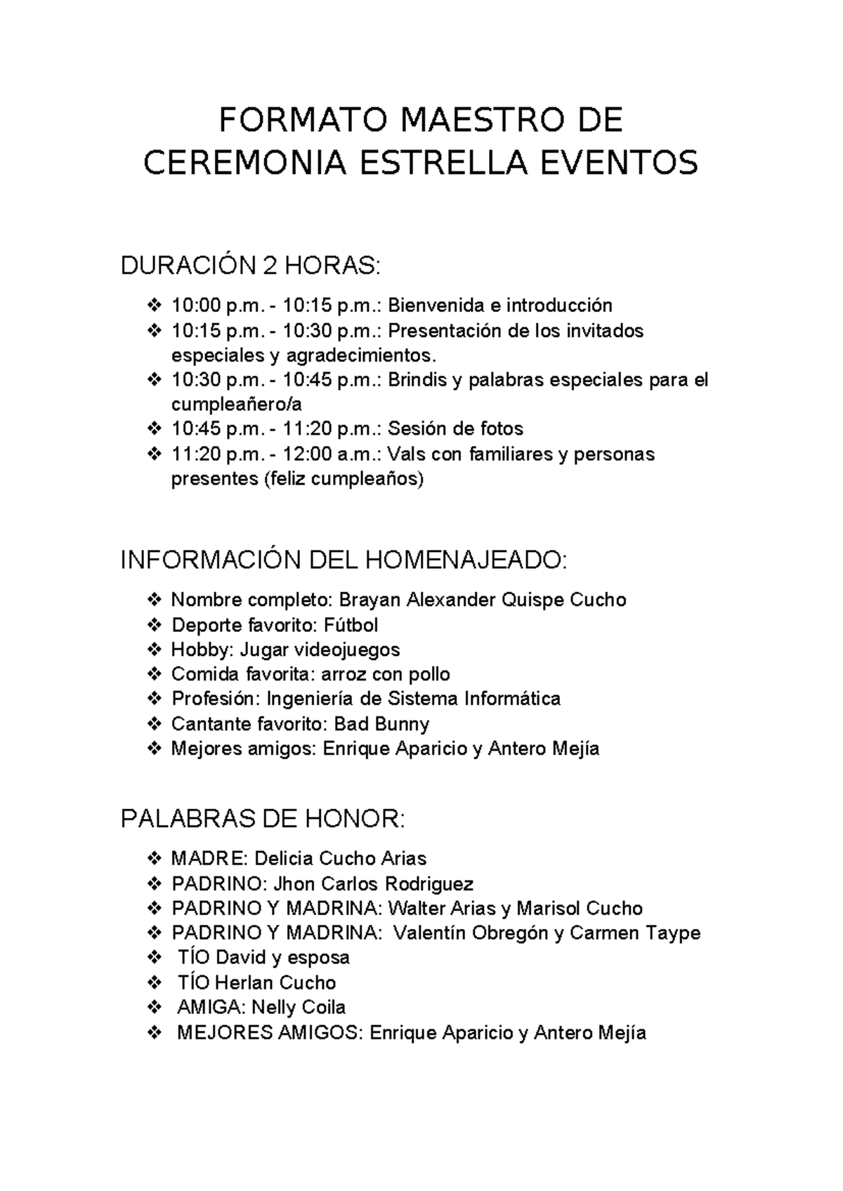 Formato Maestro DE Ceremonia Estrella Eventos - FORMATO MAESTRO DE ...