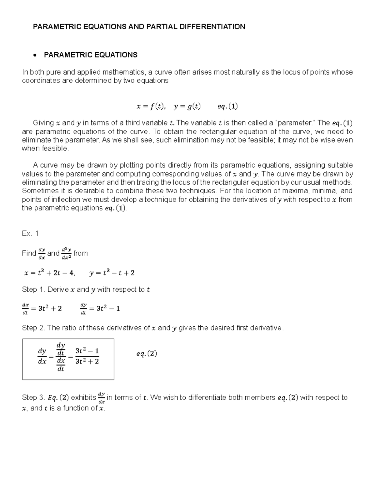 Parametric Equations And Partial Differentiation Parametric Equations