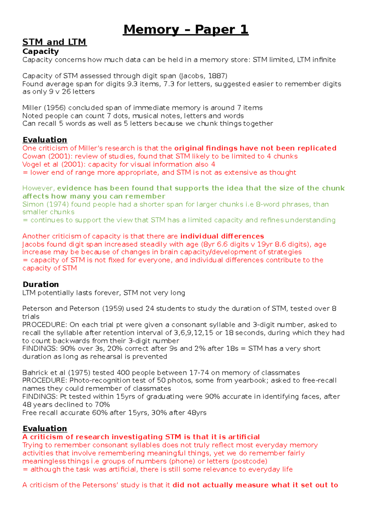 Memory Revision Notes - Memory – Paper 1 STM and LTM Capacity Capacity ...