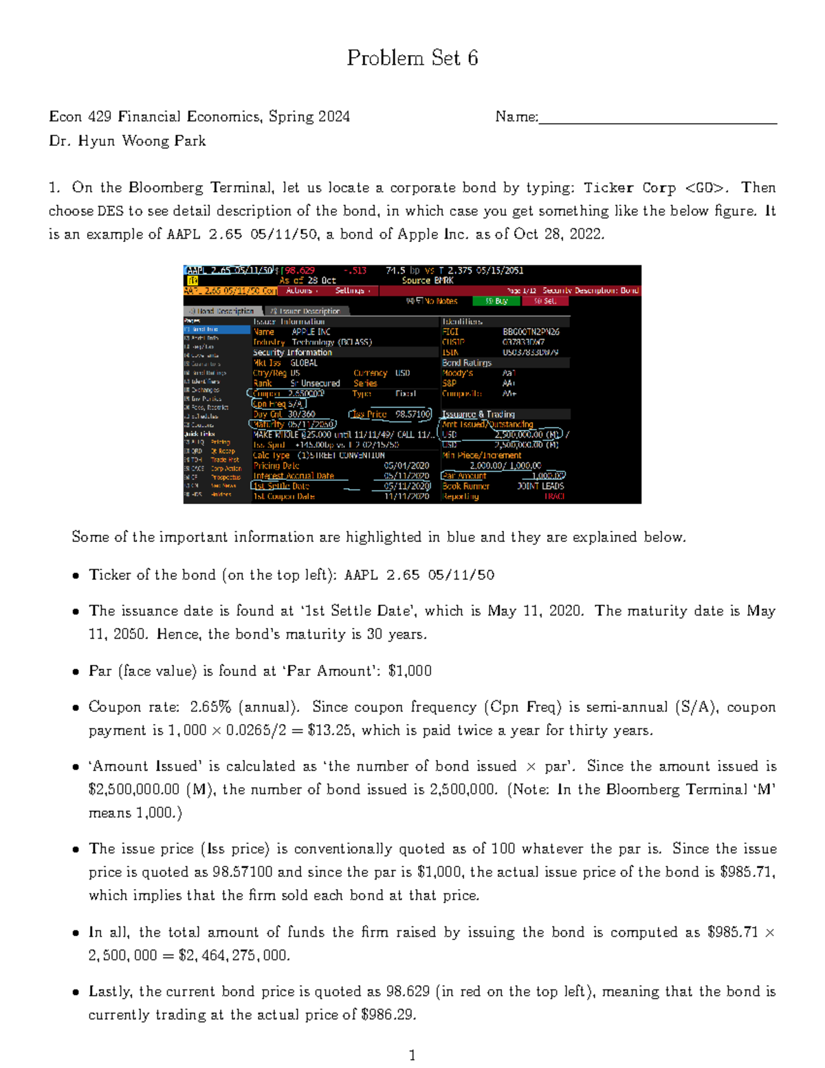 Problem Set 6 - homework - Problem Set 6 Econ 429 Financial Economics, Spring 2024 Name: Dr ...
