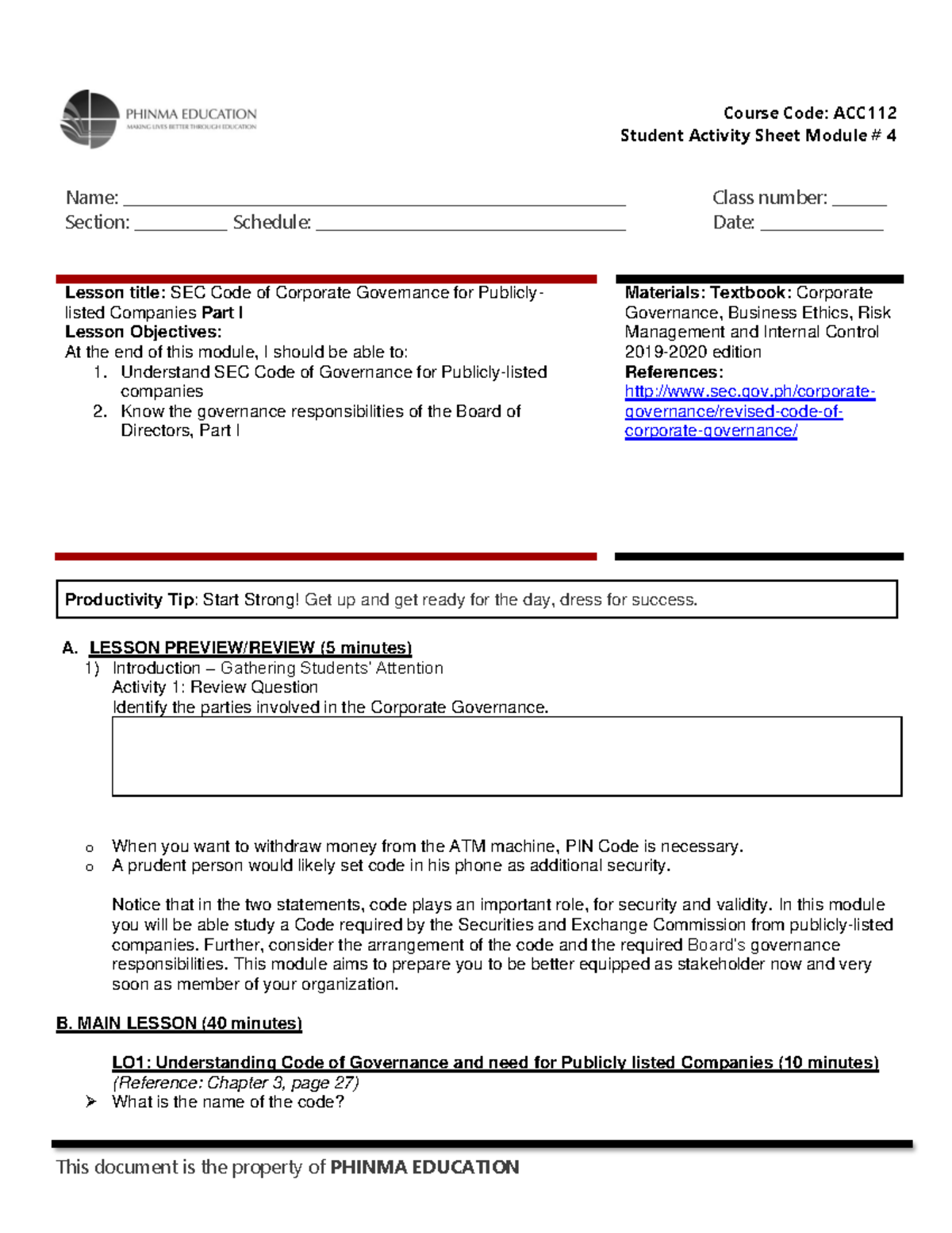 SAS#4-ACC112 - Lecture notes 4 - Student Activity Sheet Module # 4 Name ...