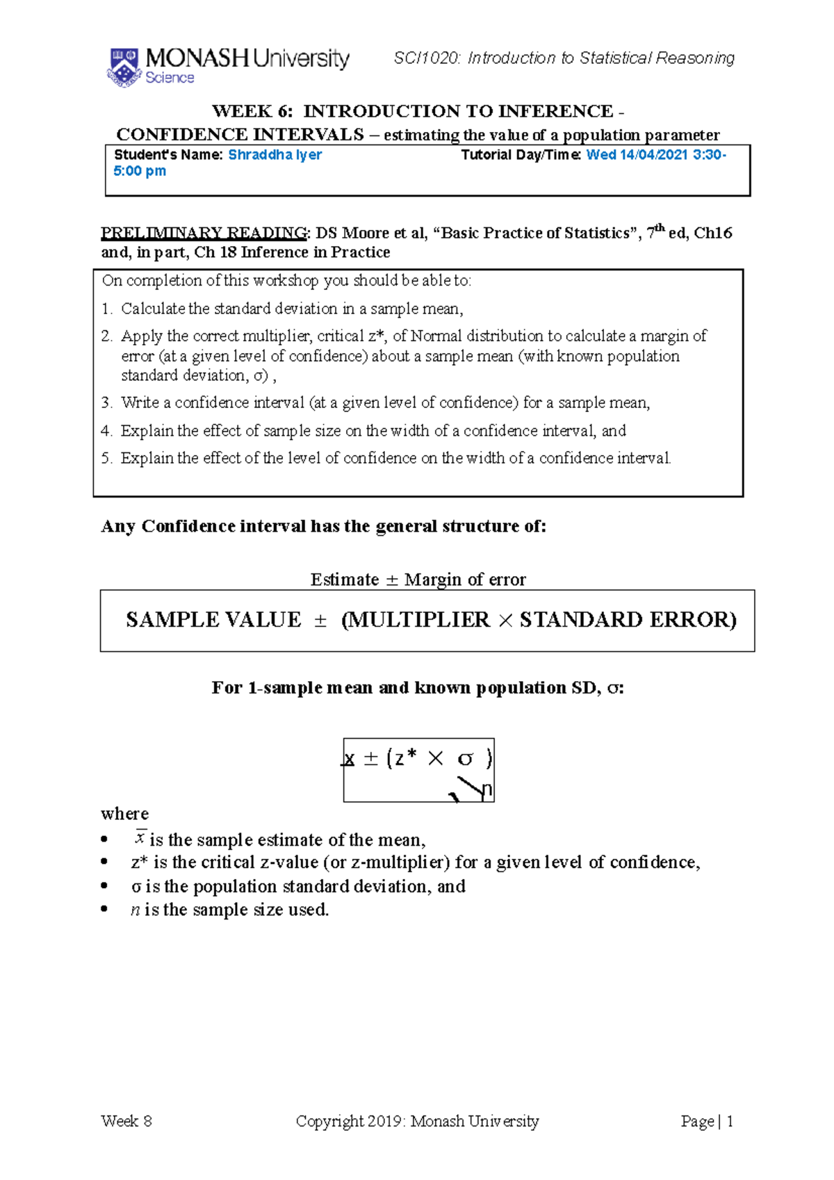 Week 06 Worksheet For Introduction To Statistical Reasoning Week 8 Copyright 2019 Monash