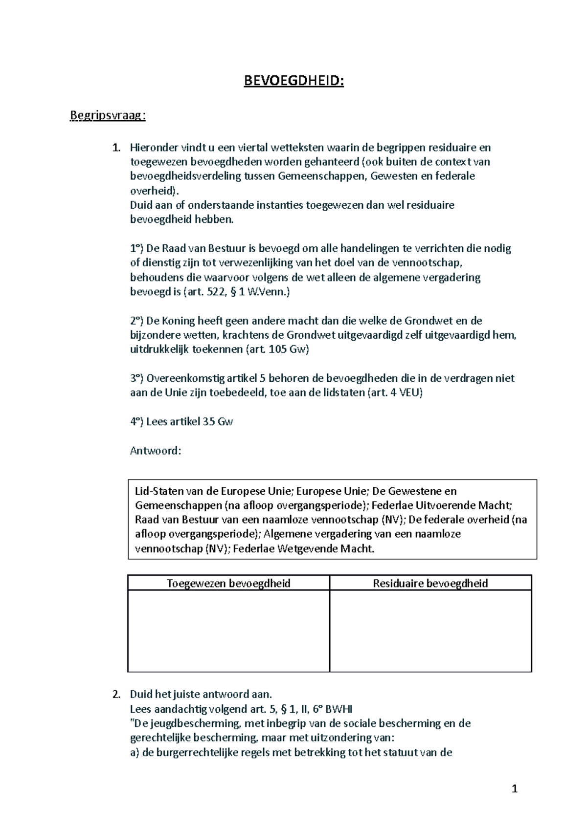 Bevoegdheid - BEVOEGDHEID: Begripsvraag: Hieronder vindt u een viertal ...