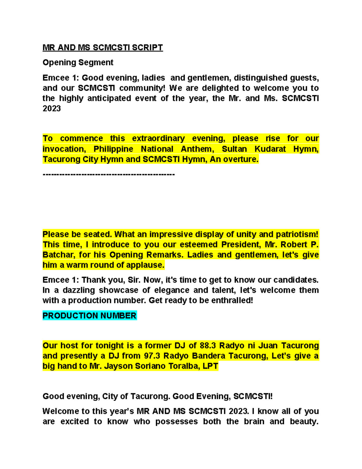 SCRIPT FOR SEARCH FOR MR AND MISS SCMCSTI 2024 - MR AND MS SCMCSTI ...