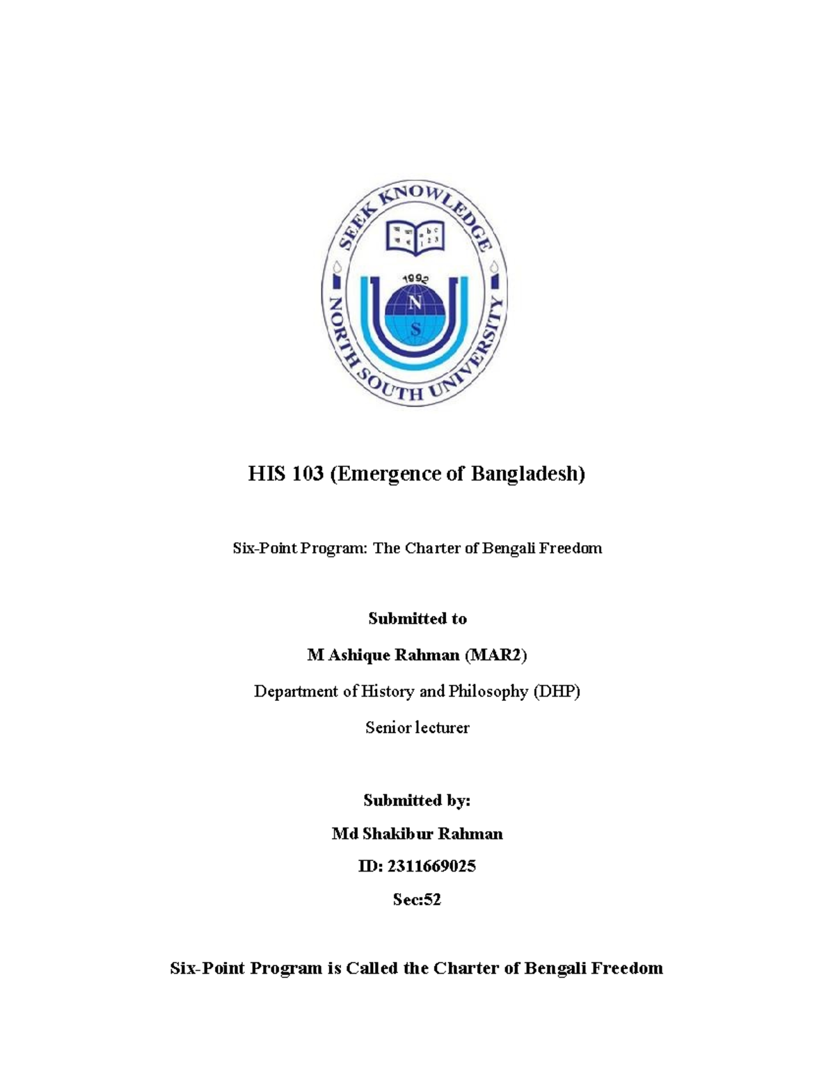 Akash khaasda jka - HIS 103 (Emergence of Bangladesh) Six-Point Program ...