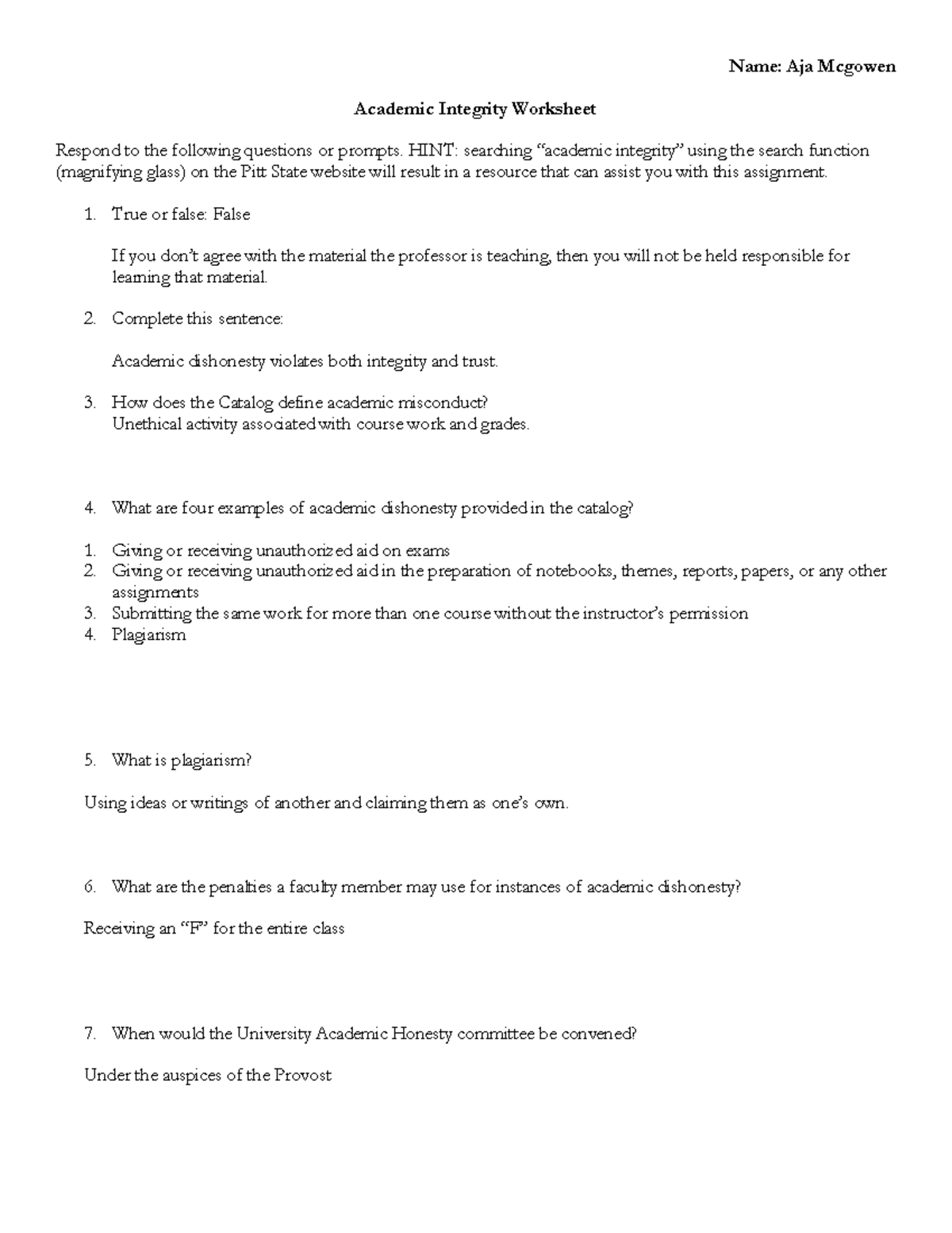 Academic integrity assignment completed - Name: Aja Mcgowen Academic ...
