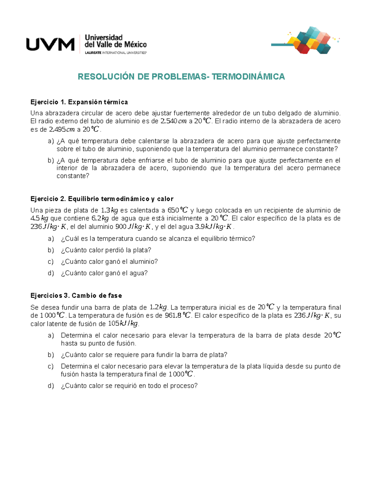 U5 Ejercicios Termodinamica - RESOLUCIÓN DE PROBLEMAS- TERMODINÁMICA ...