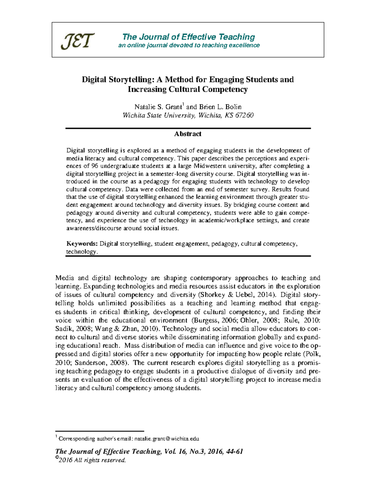 Grant - The Journal of Effective Teaching an online journal devoted to ...