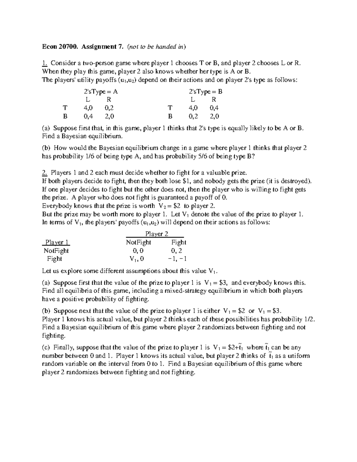 Ec207hwk - Maths 3 Game Theory - Econ 20700. Assignment 7. ( not to be ...