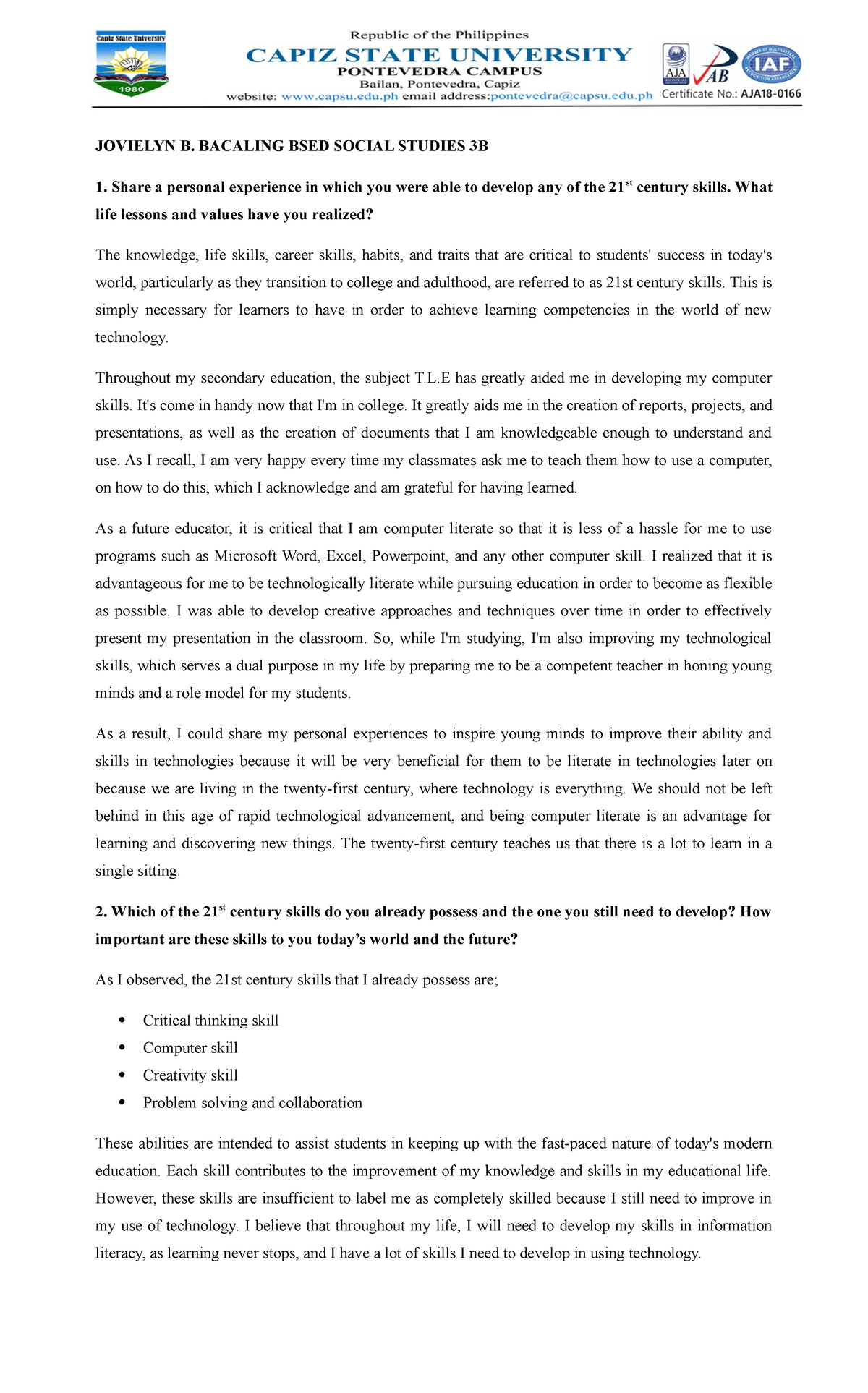 ED110-L2 - ESSAY - JOVIELYN B. BACALING BSED SOCIAL STUDIES 3B Share a personal experience in ...