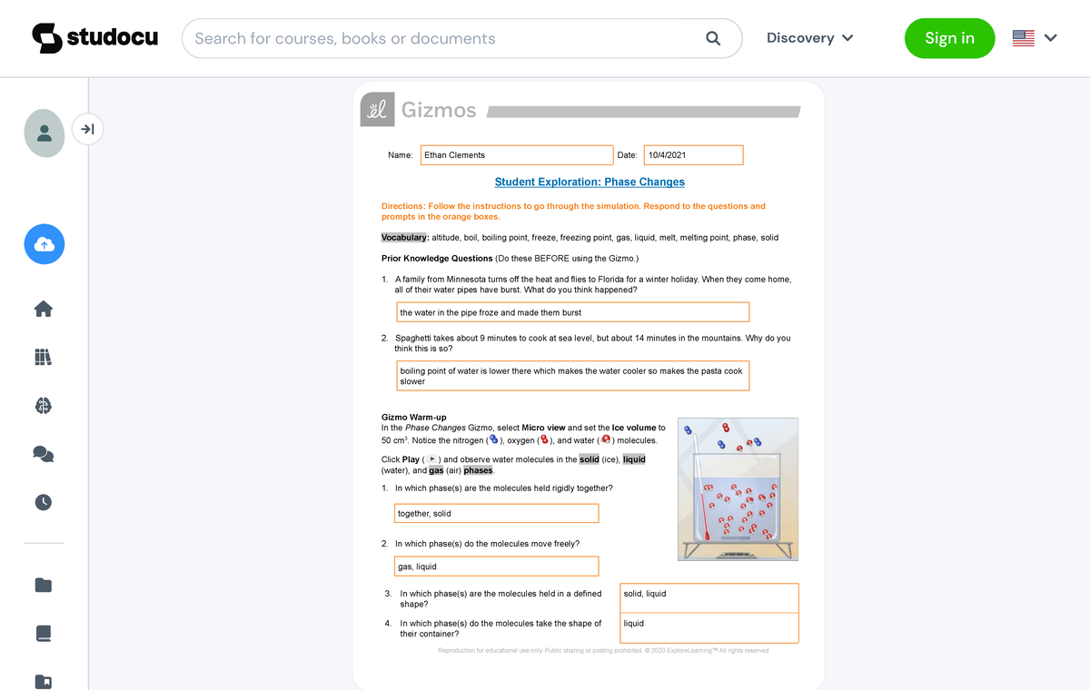 Copy of Gizmo Phase Changes SE - Name Ethan Clements Date 104 Student Exploration Phase Changes ...
