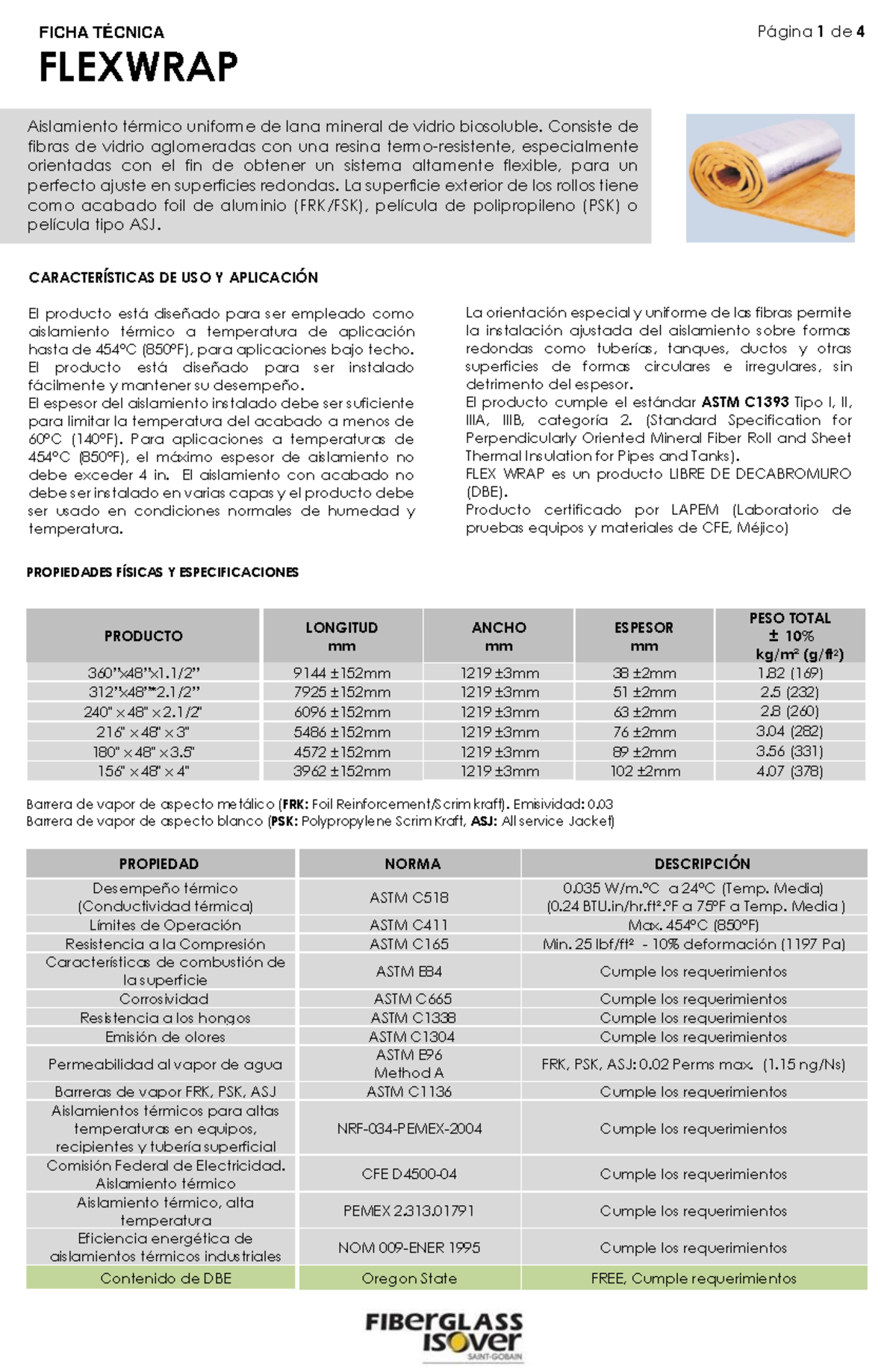 Ficha tecnica flexwrap fiberglass es - FLEXWRAP FICHA TÉCNICA Aislamiento térmico uniforme de ...