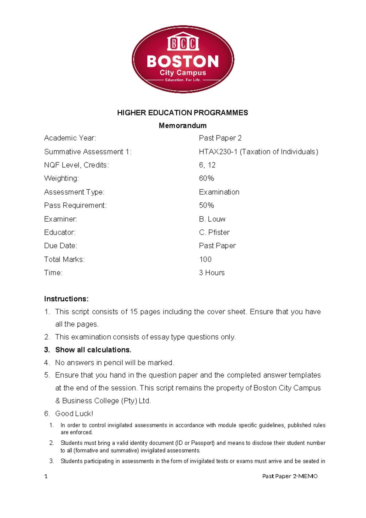 HTAX230-1-Past Paper 2-Memo - HIGHER EDUCATION PROGRAMMES Memorandum Academic Year: Past Paper 2 ...