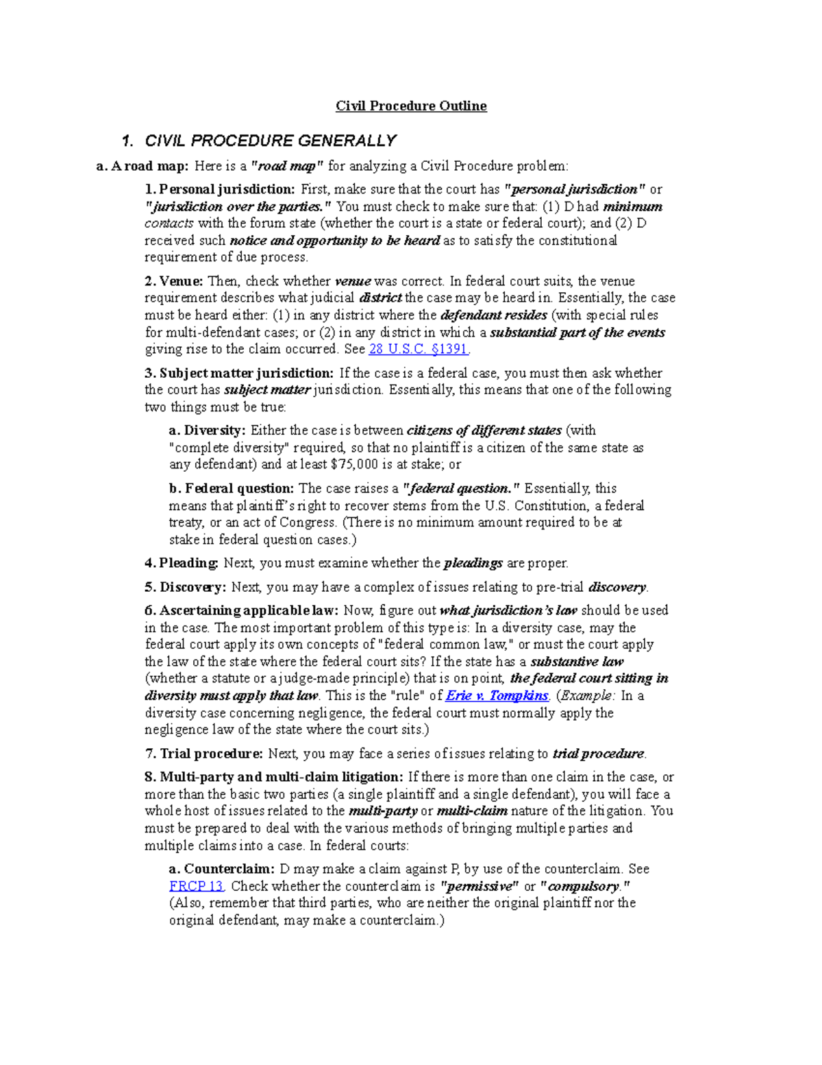 Civil Procedure Law Outline - 2 - Civil Procedure Outline 1. CIVIL ...