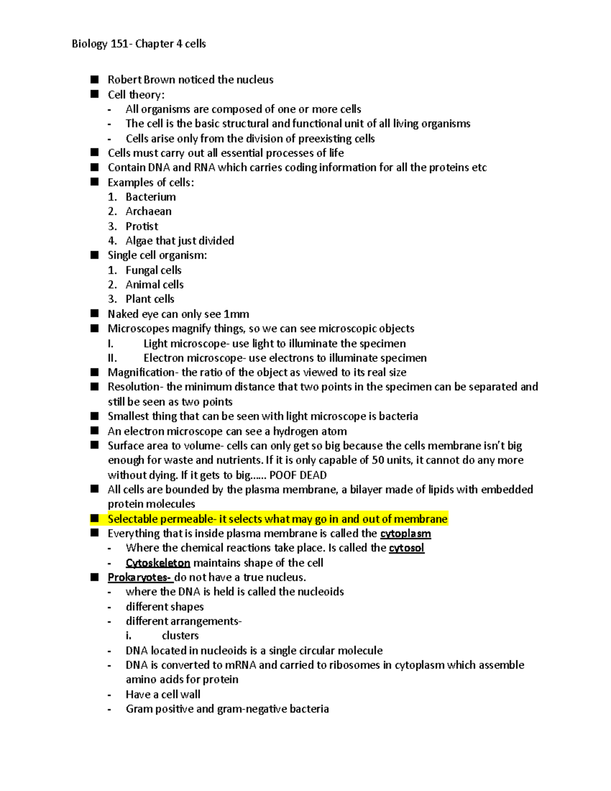 Biology 151 Chapter 4 notes - Biology Chapter 4 cells Robert Brown ...