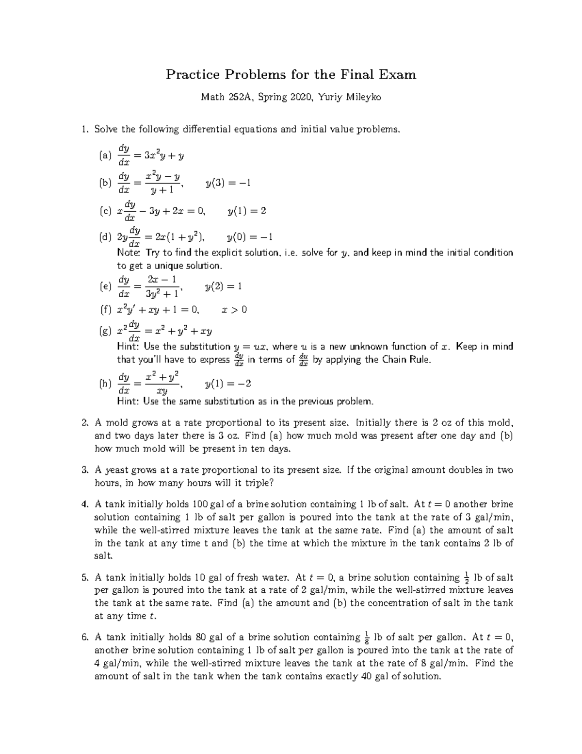 Final practice - Practice Problems for the Final Exam Math 252A, Spring ...