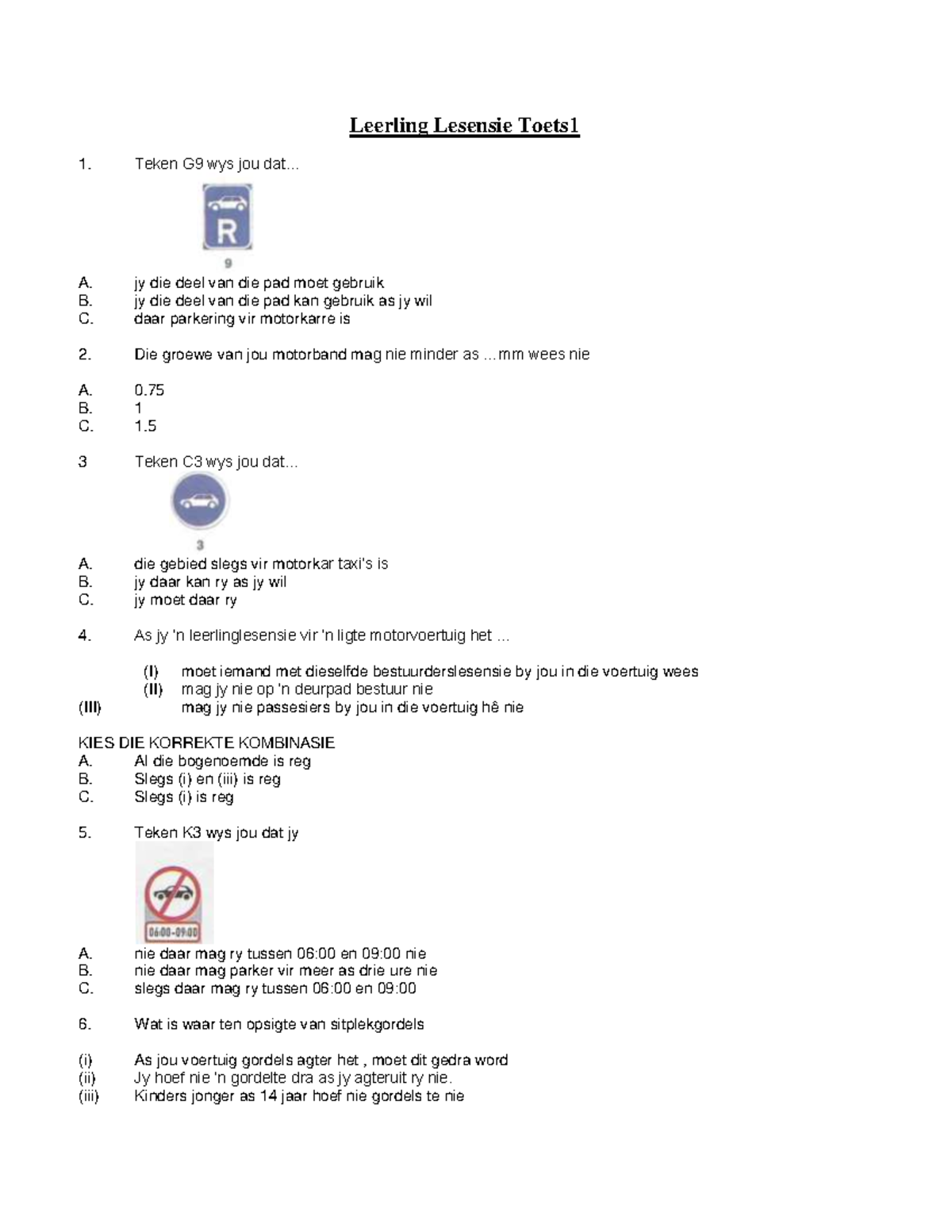 Vraestel 1 - Learners test 1 - Leerling Lesensie Toets Teken G9 wys jou ...