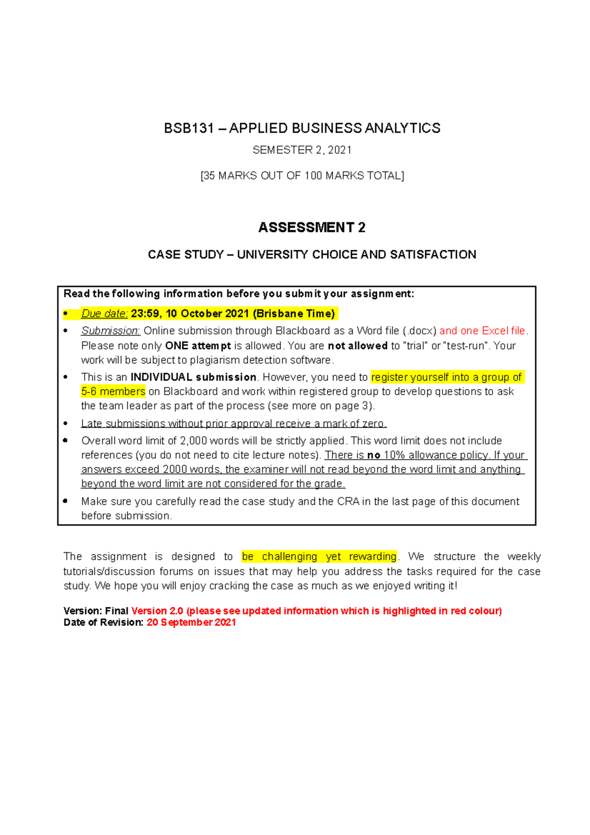 BSB131 Assessment 2 Description - BSB131 – APPLIED BUSINESS ANALYTICS SEMESTER 2, 2021 [35 MARKS ...
