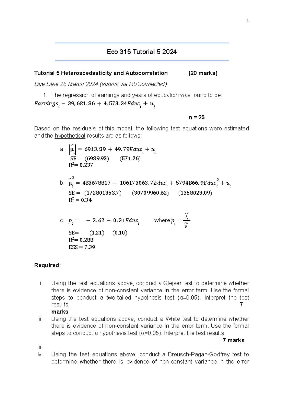 Eco 315 Tutorial 5 2024 - Work - 1 Eco 315 Tutorial 5 2024 Tutorial 5 ...