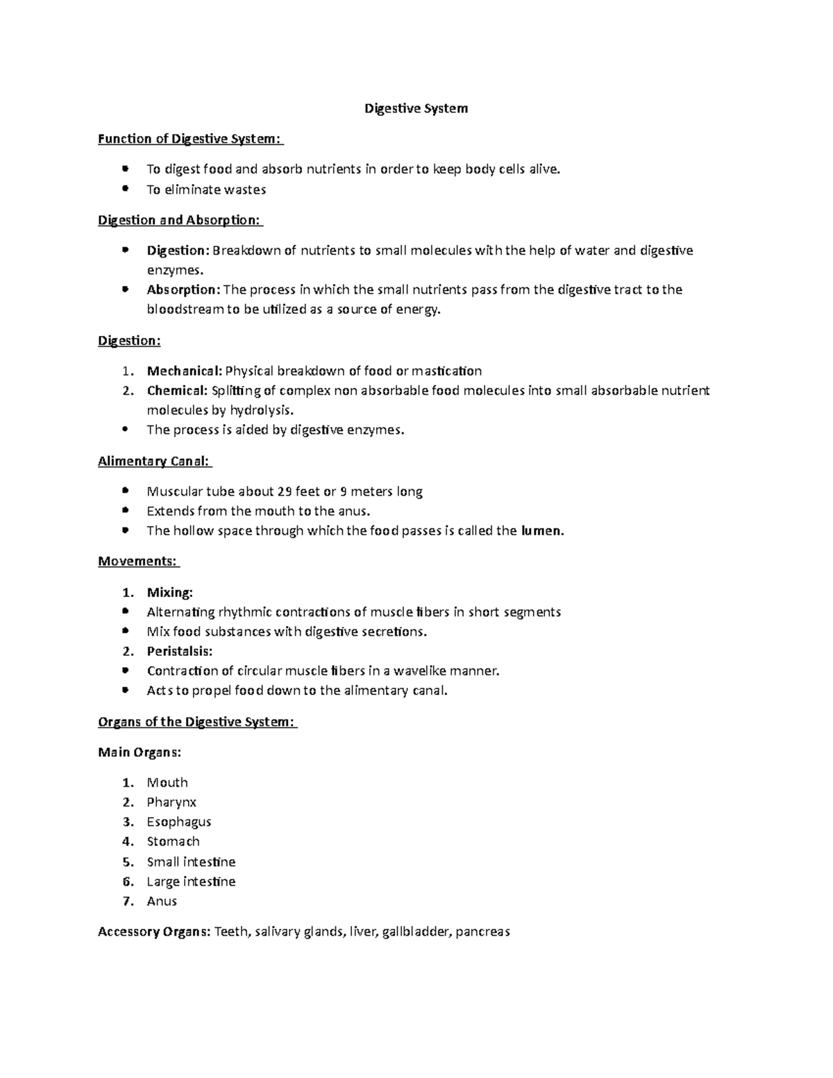 Digestive System - Digestive System Function of Digestive System: To ...
