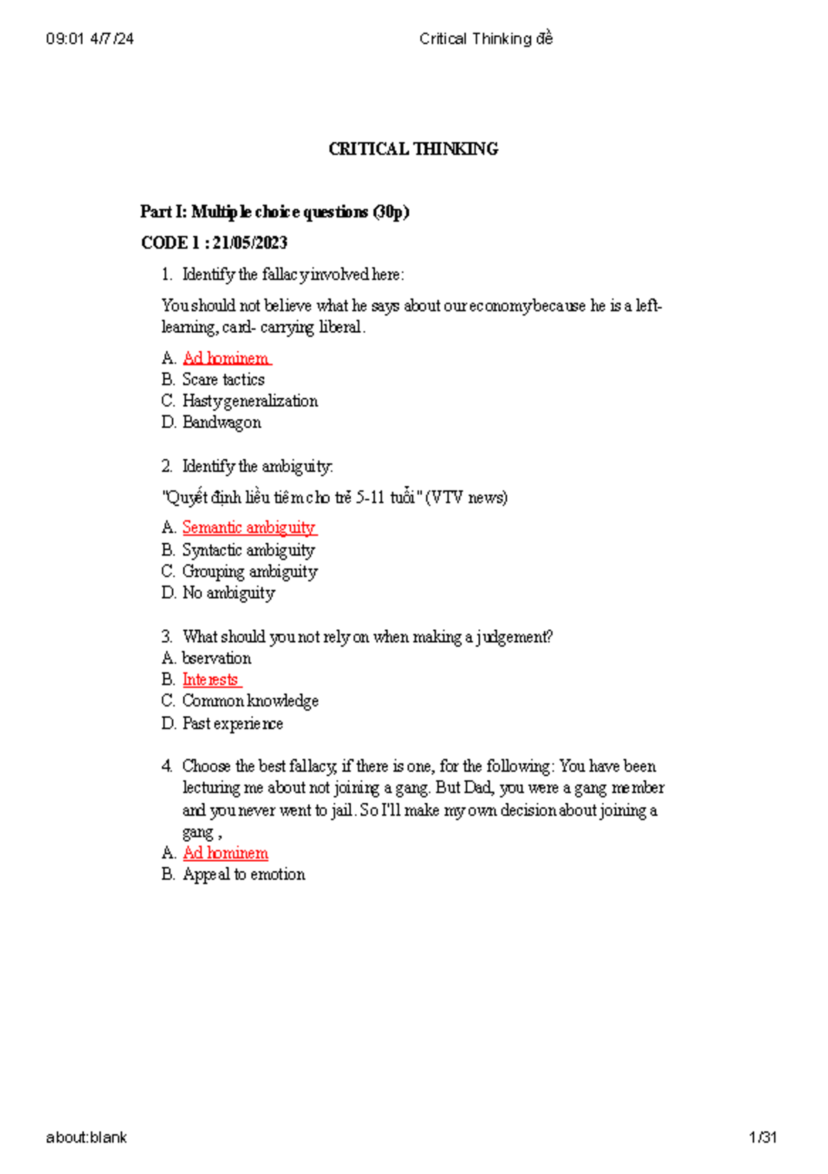 Critical-Thinking-đề - CRITICAL THINKING Part I: Multiple choice ...