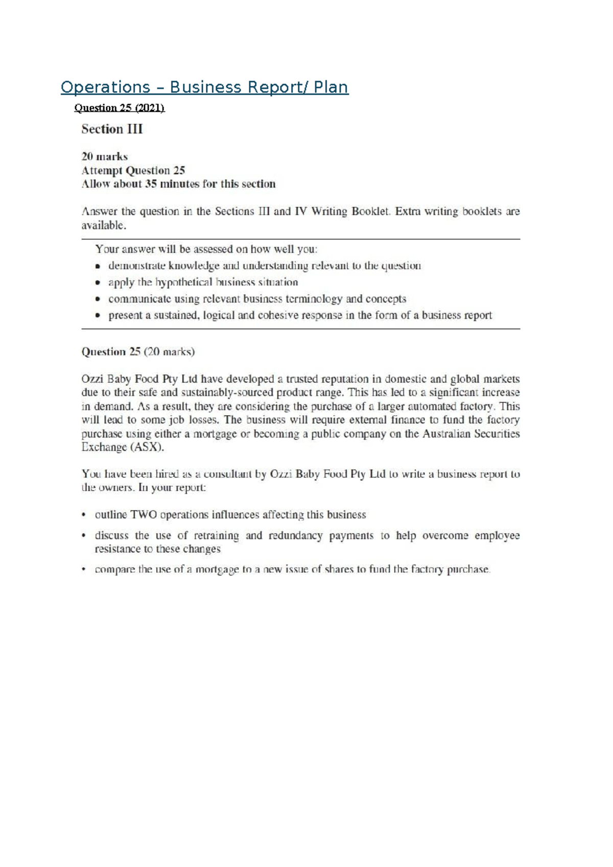 Past HSC Questions Report:Essay - Operations – Business Report/ Plan ...