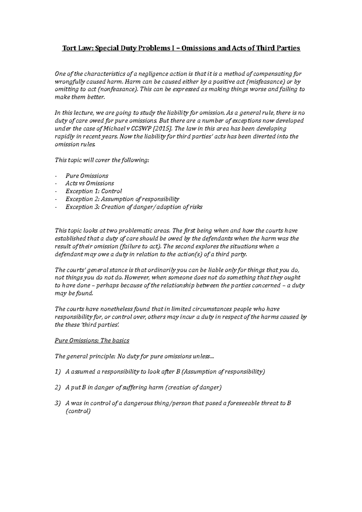 Tort Law - SPD I- Omissions - Tort Law: Special Duty Problems I ...