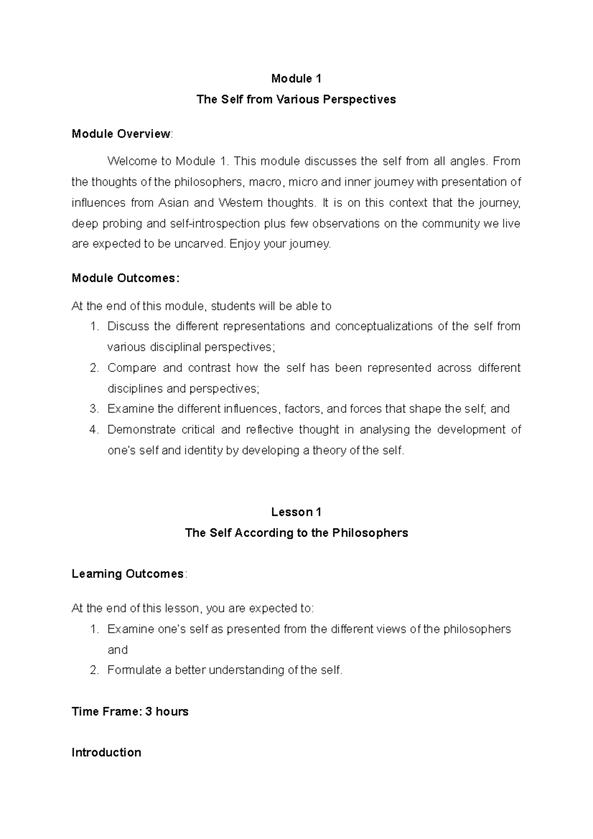 Module 1 - Module 1 The Self from Various Perspectives Module Overview ...
