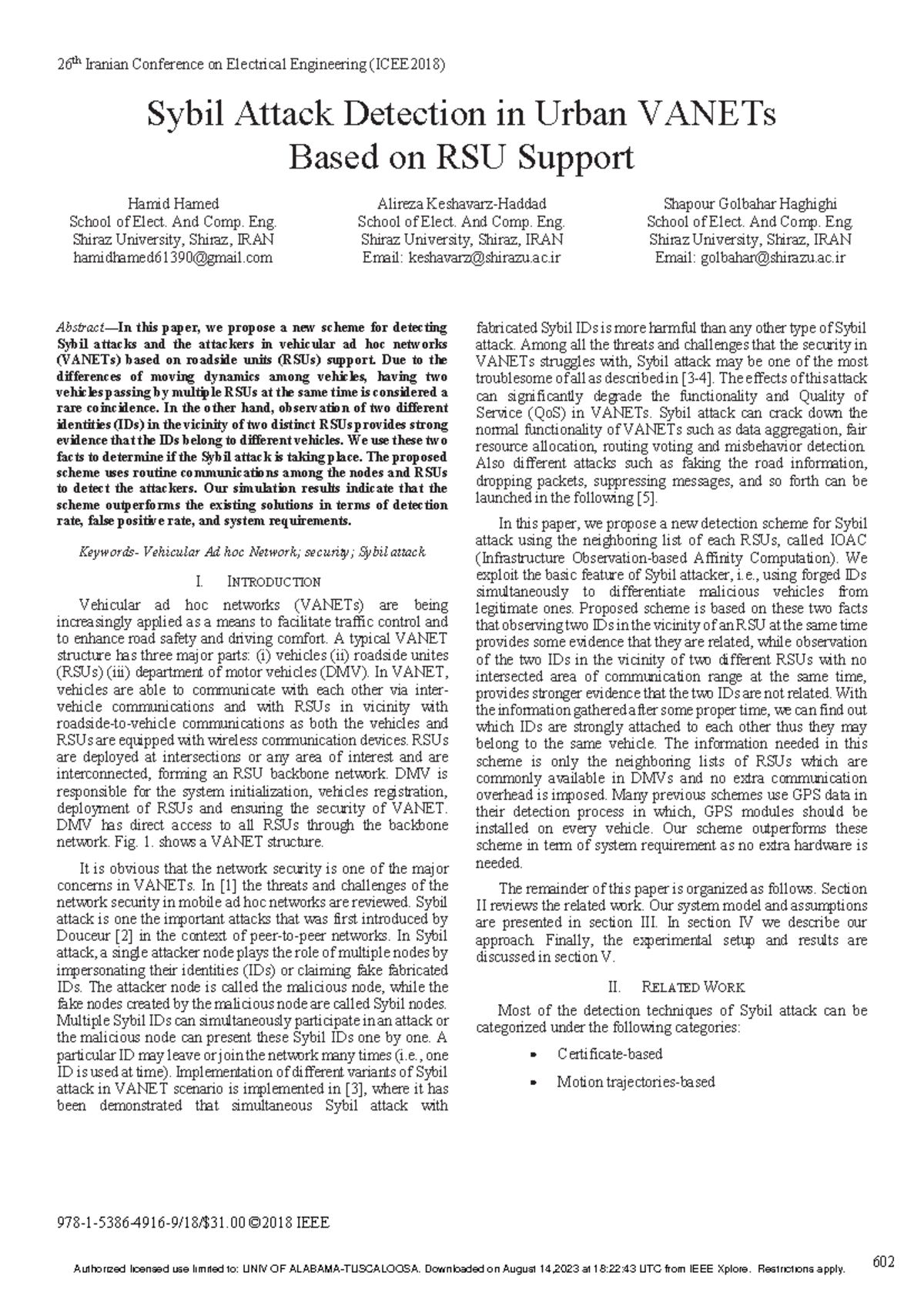 Sybil Attack Detection in Urban Vanets Based on RSU Support - 978-1-5386-4916-9/18/$31 ©2018 ...