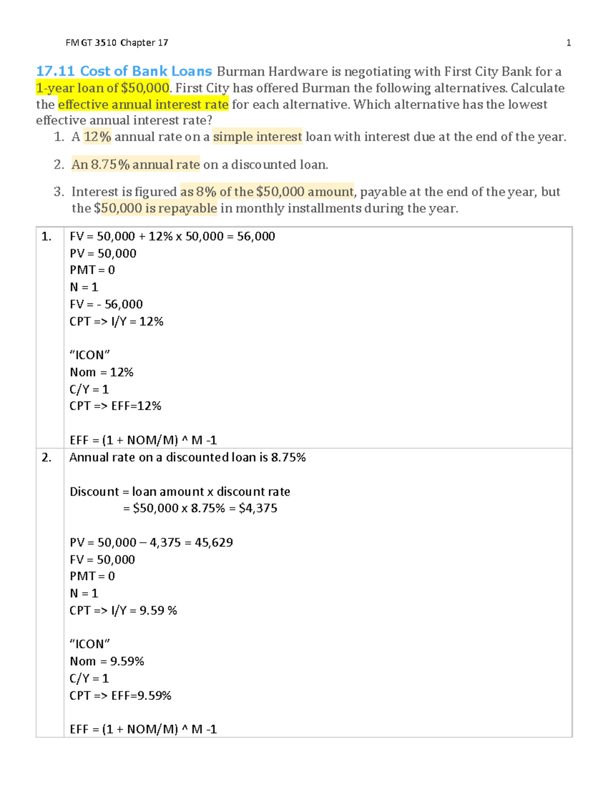 3510 week 8 ch17 - lab questions for chapter 17 - 17 Cost of Bank Loans ...