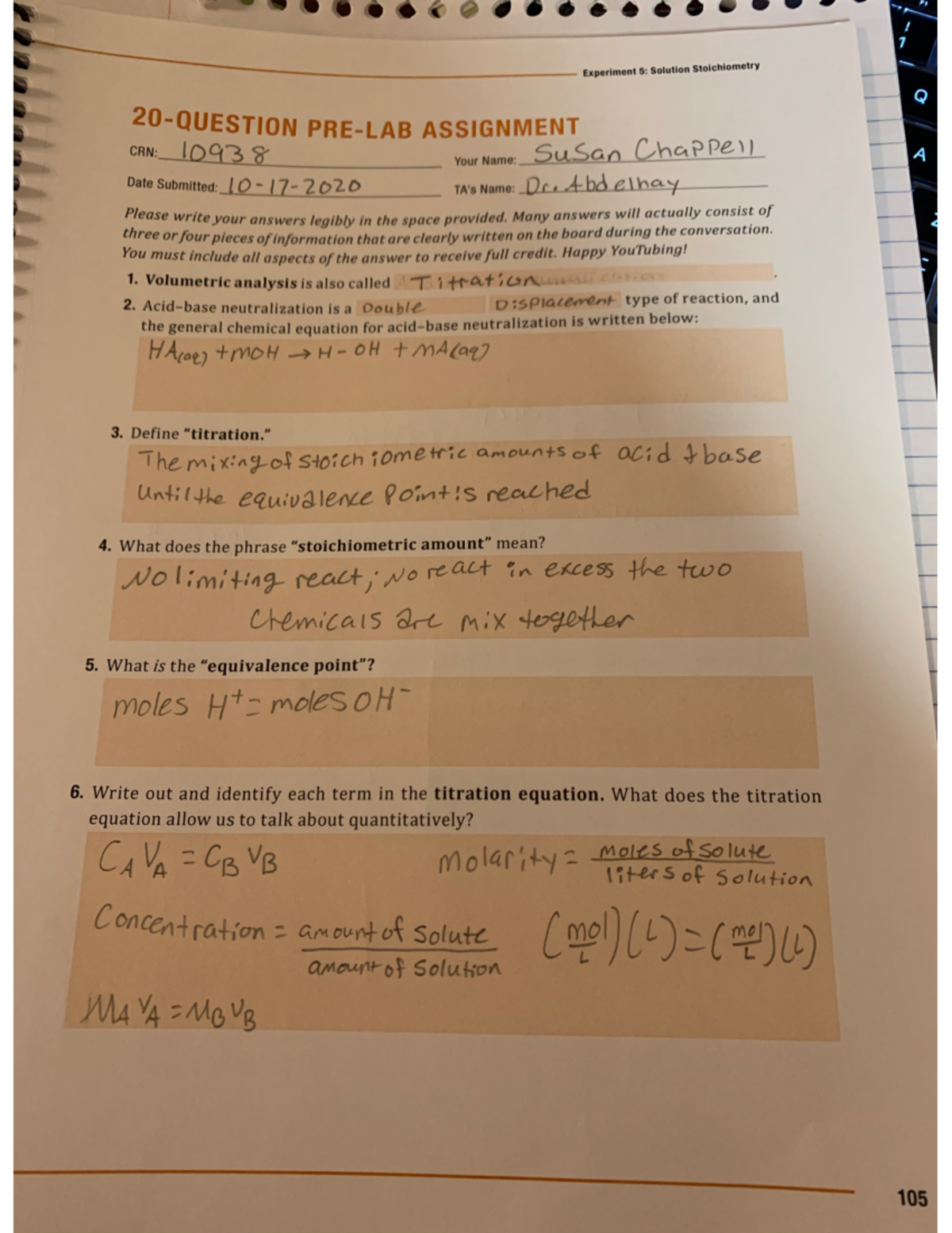 Experiment 5 - lab - Experiment 5: Solution Stoichiometry ASSIGNMENT ...
