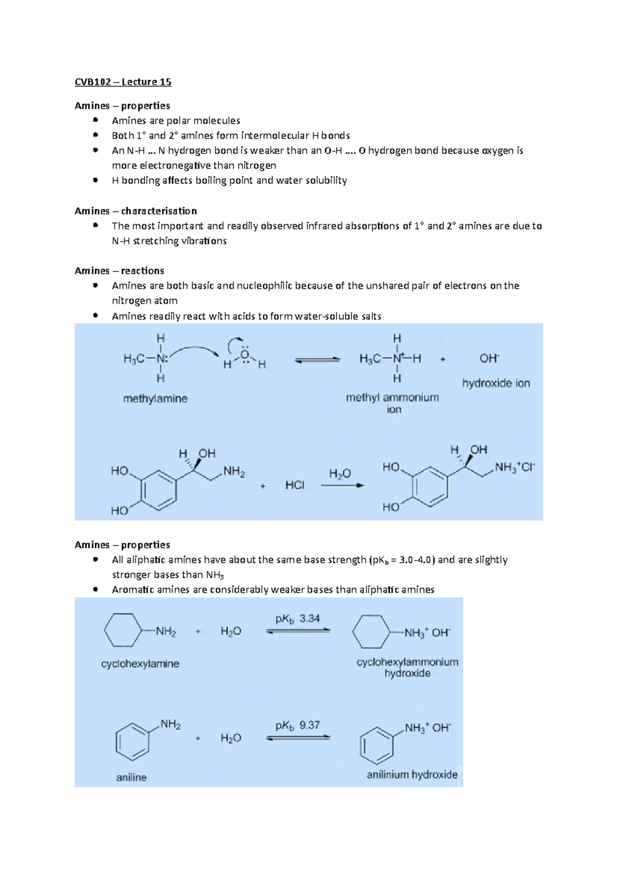 Lecture note - lecture 15 - CVB102 – Lecture 15 Amines – properties ...