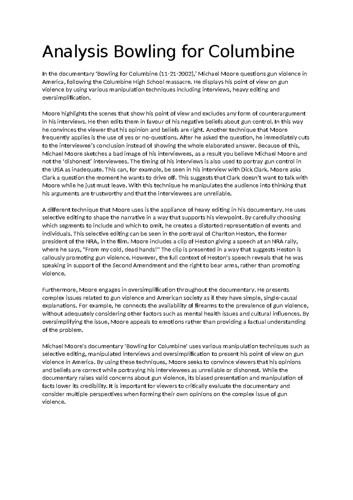 Analysis Bowling for Columbine - He displays his point of view on gun ...