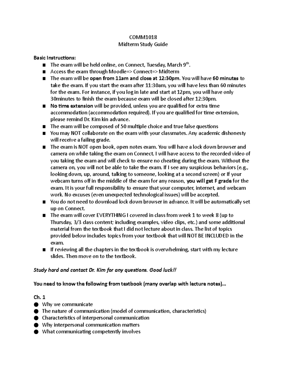 COMM1018 Midterm study guide - COMM Midterm Study Guide Basic Instructions: The exam will be ...
